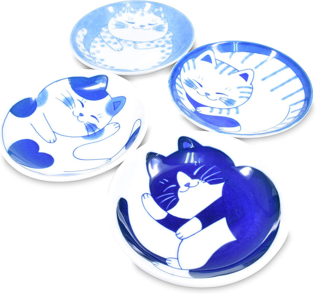 Japanese Mino Ware Blue & White Cat Dishes • hauspanther