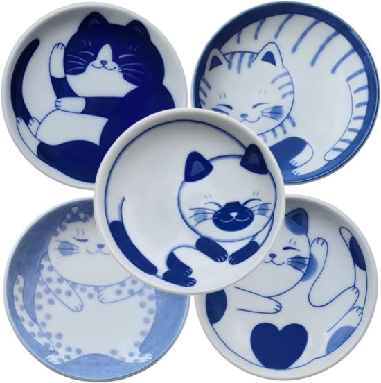 Japanese Mino Ware Blue & White Cat Dishes • hauspanther